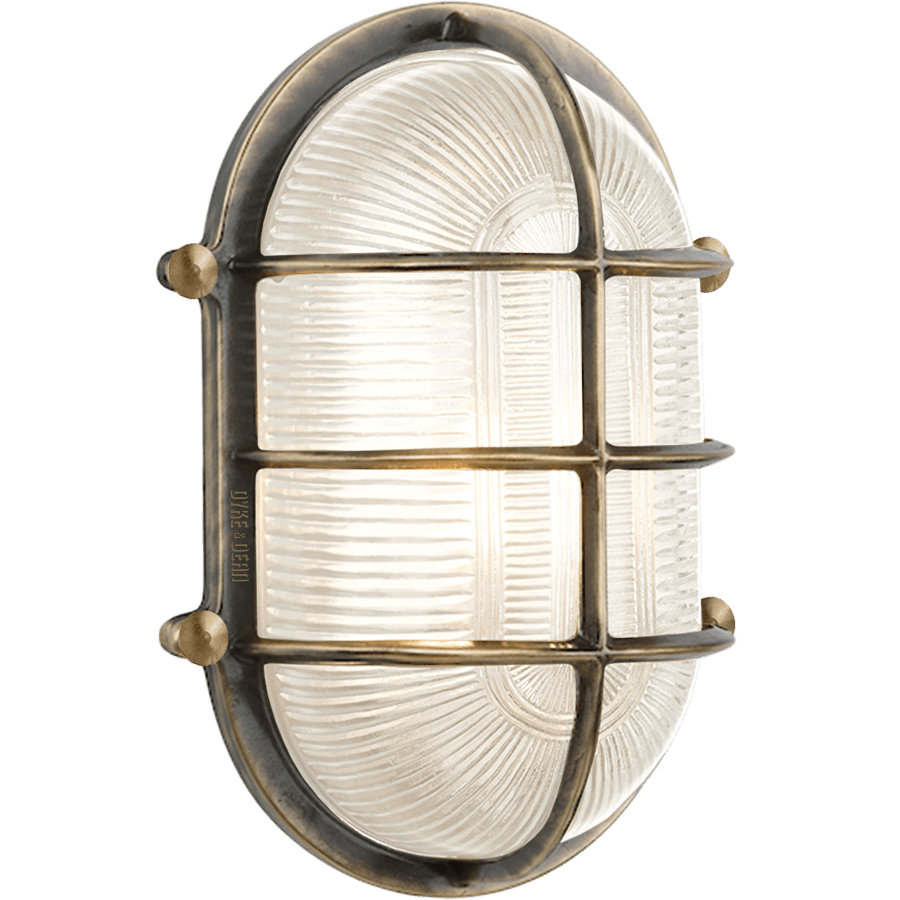LARGE CAGE OVAL BRUSHED BRASS BULKHEAD LIGHT DYKE DEAN